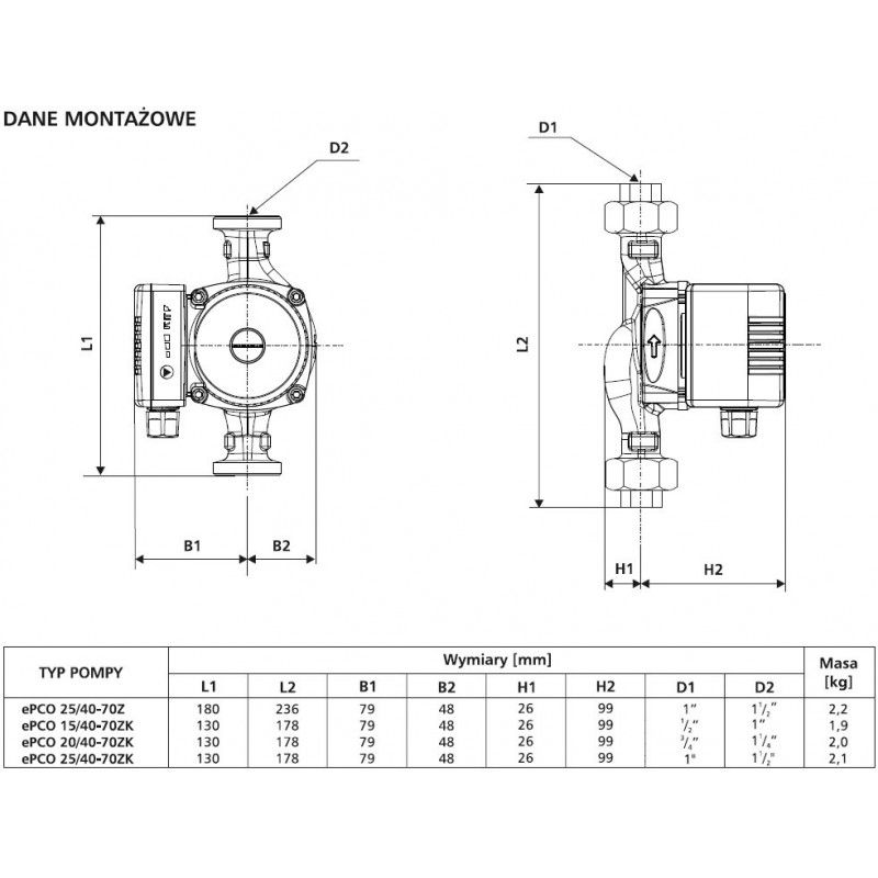 Elektroniczna pompa obiegowa ePCO 25/40 70ZK 130mm LFP Leszno - Hydros Pompy i Hydrofory