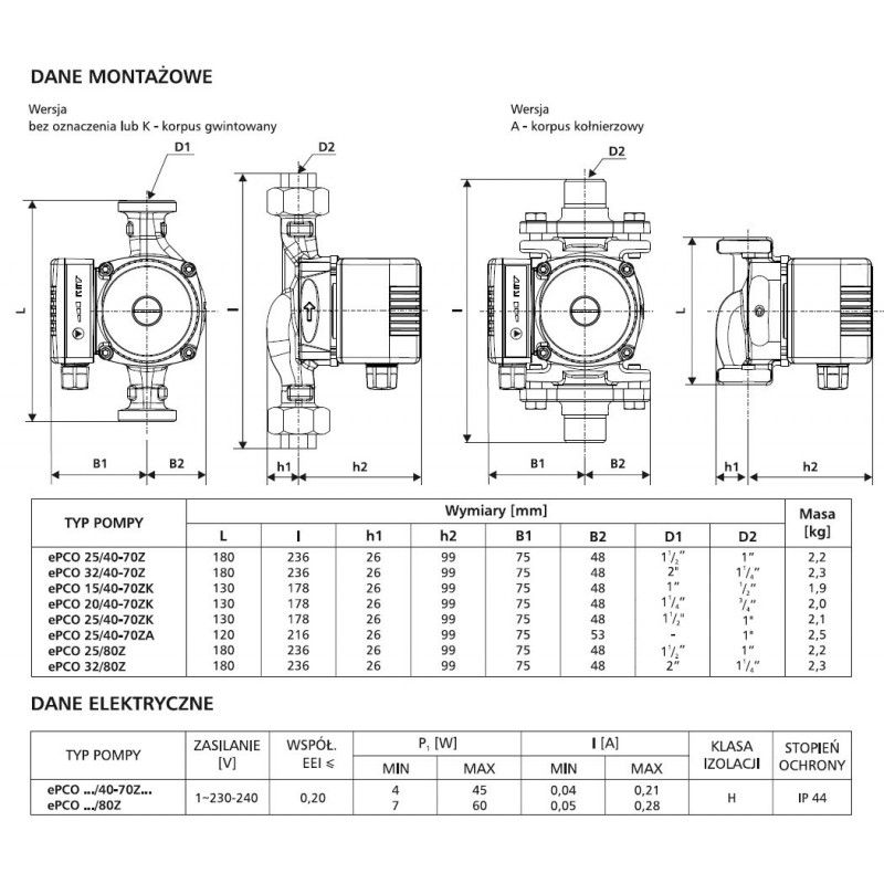 Elektroniczna pompa obiegowa ePCO 25/80 70Z 180mm LFP Leszno - Hydros Pompy i Hydrofory